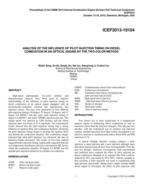 Pdf Analysis Of The Influence Of Pilot Injection Timing On Diesel Combustion In An Optical