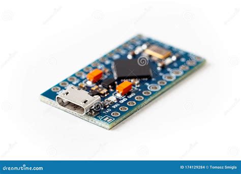Simple Small Tiny Microcontroller Blue Board Macro Extreme Closeup