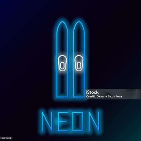 검은 색 배경에 고립 된 파란색 빛나는 네온 라인 스키와 스틱 아이콘 익스트림 스포츠 스키 장비 겨울 스포츠 아이콘 다채로운