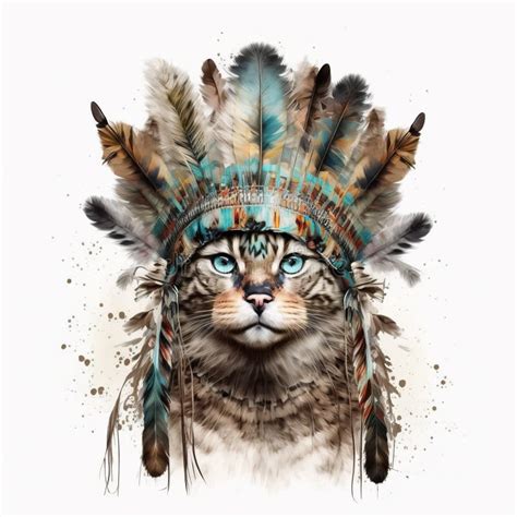 Portrait Of Warrior Cat With Chief Headdress With Feathers Stock