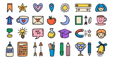 Random School Elements Set Primary Cute Icons Colorful Hand Drawn