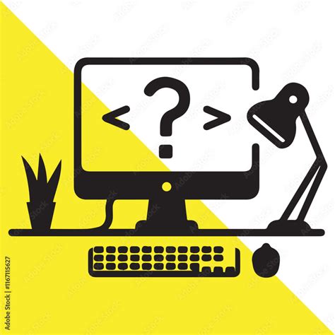 Question Mark On A Computer Screen With Coding Symbols Desk Setup With Question Mark On A Computer Screen With Coding Symbols Desk Setup With