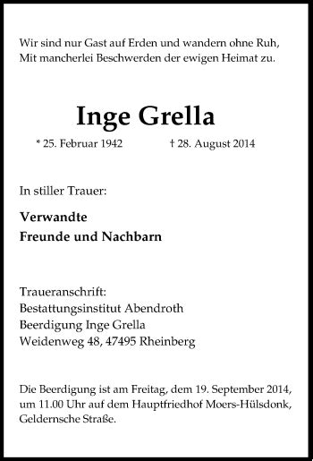 Traueranzeigen Von Inge Grella Trauer In Nrw De