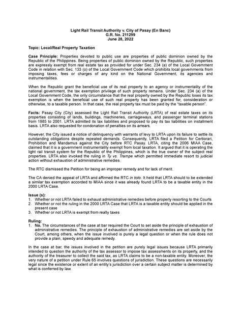 Lrta Vs City Of Pasay Digest Light Rail Transit Authority V City Of