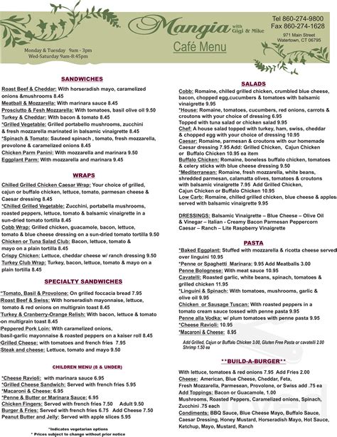 Menu For Mangia With Gigi And Mike In Watertown Ct Sirved