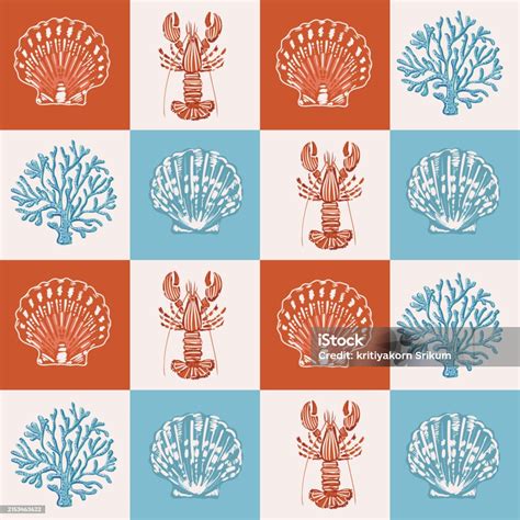 유행 체크 무늬 손으로 그린 여름 빨간 가재 조개 산호 Seamless 패턴 벡터 일러스트 강렬하고 밝은 색상에 대한 스톡 벡터 아트 및 기타 이미지 Istock