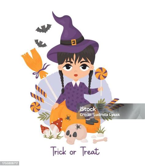 할로윈 호박 달콤한 사탕 막대 사탕 빗자루 해골 박쥐가 있는 모자를 쓴 귀여운 마녀 소녀 만화 스타일의 벡터 그림입니다 휴일 판타지 여성 캐릭터 키즈 컬렉션 과자 안 주면
