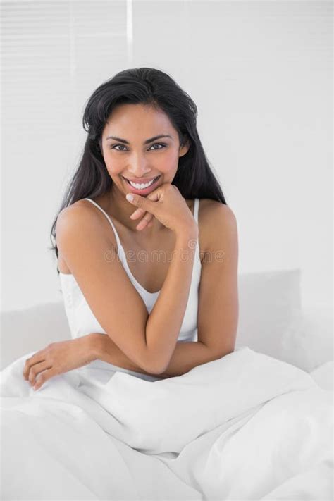 Lovely Dark Haired Woman Posing Sitting Her Bed Stock Photos Free Royalty Free Stock Photos