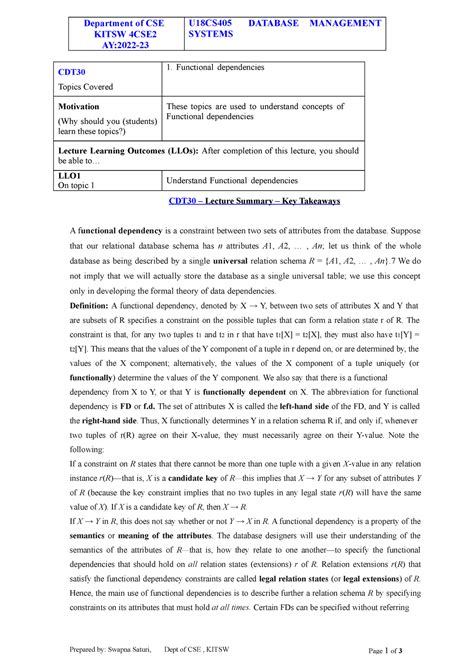 Dbms Cdt30 Summary 4cse2 Department Of Cse Kitsw 4cse Ay2022 U18cs Systems Database
