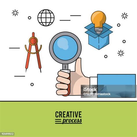 골 판지 상자에 돋보기와 나침반 및 전구 아이콘을 잡고 손으로 화려한 포스터 창작 과정 나침반에 대한 스톡 벡터 아트 및 기타 이미지 나침반 손 개념 Istock