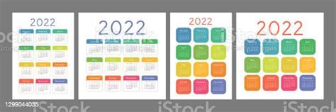 포켓 캘린더 2022 년 세로 방향입니다 영어 다채로운 벡터 세트 세로 및 정사각형 템플릿입니다 디자인 컬렉션 일요일부터 시작되는 주 2022년에 대한 스톡 벡터 아트 및