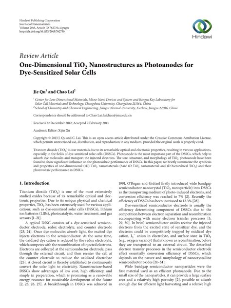 Pdf One Dimensional Tio2 Nanostructures As Photoanodes For Dye Sensitized Solar Cells