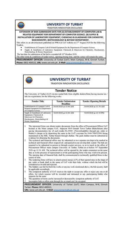 Corrigendum For Extension Of Bids Submission Date Of Tender Notice And University Of Turbat