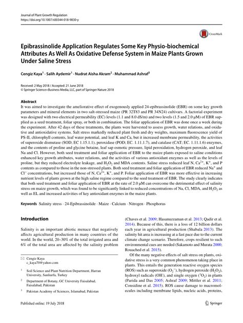 Pdf Epibrassinolide Application Regulates Some Key Physio Biochemical