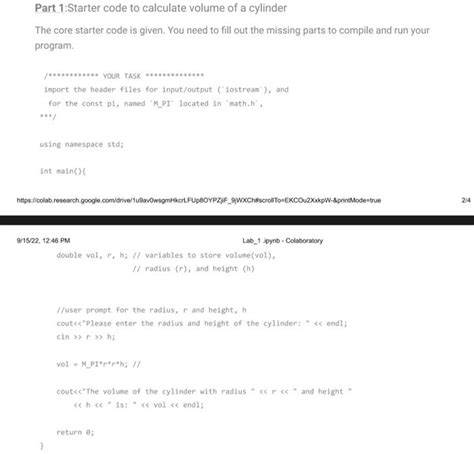 Solved Part Starter Code To Calculate Volume Of A Cylinder Chegg