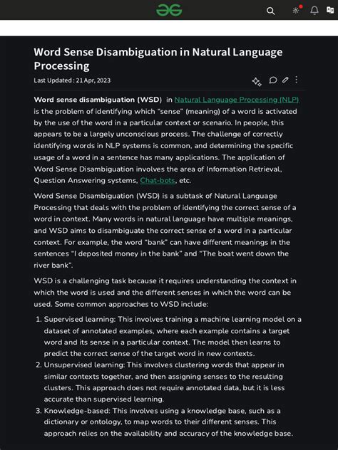 Word Sense Disambiguation In Natural Language Processing Geeksforgeeks Pdf Artificial