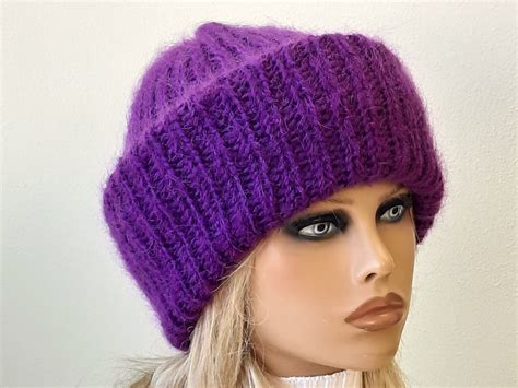 Mohair Beanie Purple Fluffy Hat Extra Slouchy Beanie Warm Winter Hat