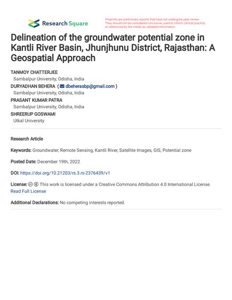 Pdf Delineation Of The Groundwater Potential Zone In Kantli River Basin Jhunjhunu District
