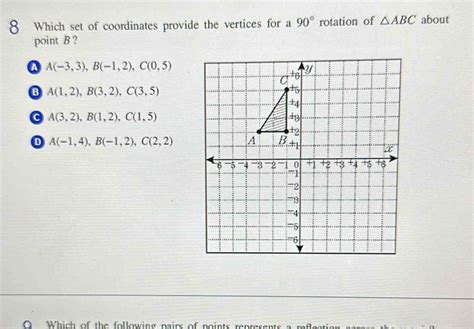 Solved 8 Which Set Of Coordinates Provide The Vertices For A 90° Rotation Of Abc About Point B