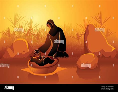 Biblical Illustration Set Jochebed Put Moses In The Nile Stock Vector