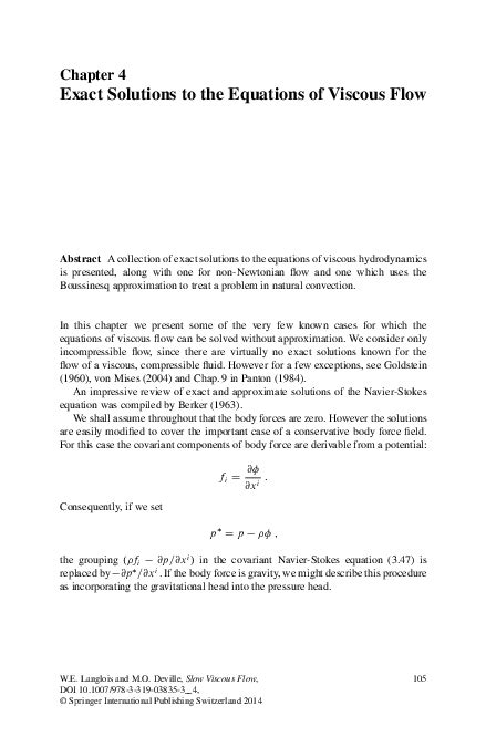 Pdf Exact Solutions To The Equations Of Viscous Flow