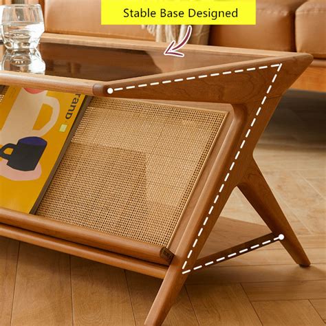 Solid Wood Rectangular Coffee Table With Tawny Tempered Glass Top And