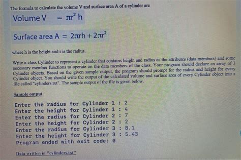 Solved The Formula To Calculate The Volume V And Surface Chegg