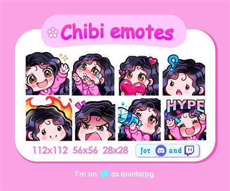 Cute Chibi Girl Emote Pack For Twitch Curly Black Hair With Bangs Brown Eyes And Fair Skin