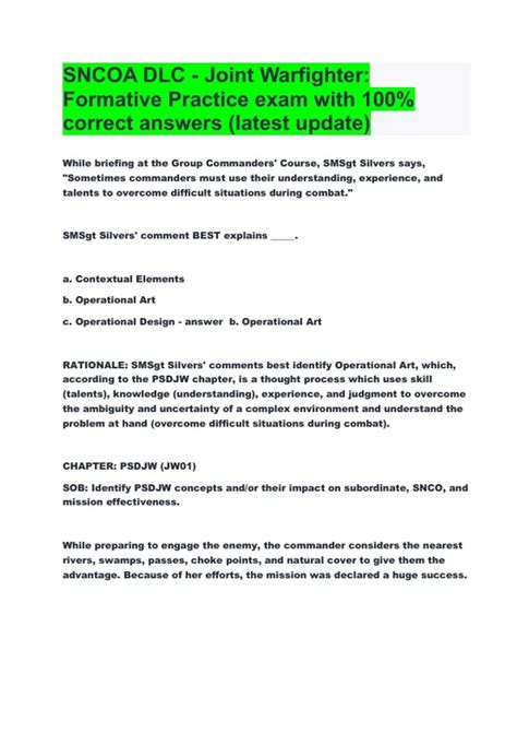 Sncoa Dlc Joint Warfighter Formative Practice Exam With 100 Correct Answers Latest Update