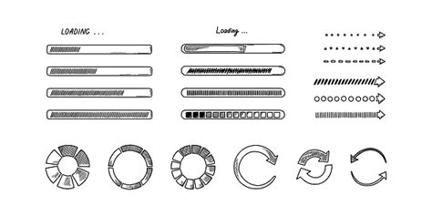 낙서 로딩 바 원 손으로 그린 그래픽 응용 프로그램 Ui 디자인 요소 집합입니다 스케치 진행 상태 업로드 속도 배터리 충전량