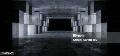 미래의 콘크리트 그런 지 반사 어두운 빈 터널 복도 우주선 외계인 지 하 화이트 글로우 창 조명 홀 차고 3d 렌더링 0명에 대한 스톡 사진 및 기타 이미지 Istock
