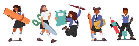 학생들은 거대한 문구류와 알록달록한 용품 자 가위 펜이 달린 공책을 자랑스럽게 전시했습니다 사춘기 이전 어린이에 대한 스톡 벡터 아트 및 기타 이미지 Istock