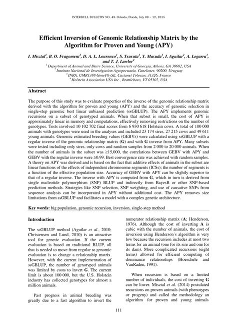 Pdf Efficient Inversion Of Genomic Relationship Matrix By The