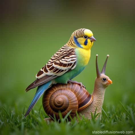 Budgie On Roman Snail Amidst Short Cut Grass Stable Diffusion Online