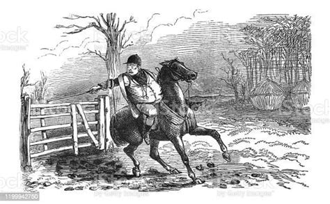 영국 풍자 만화 캐리커처 일러스트 승마 작물로 문을 열려고 하는 말에 남자 19세기에 대한 스톡 벡터 아트 및 기타 이미지