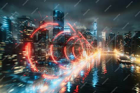 Hightech Urban Skyline At Night With Neon Lights And Digital Wave