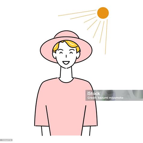 일사병은 태양 일러스트에 Uv 컷 모자를 쓰고 귀여운 남자를 미소 측정하는 간단한 벡터 열사병 예방 태양에 자외선 차단 모자를 쓰고 예쁜 미소를 가진 남자 간단한 그림 벡터