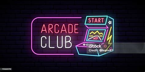 아케이드 게임 기계 네온 사인 아케이드 클럽 엠 블 럼 광고 디자인입니다 밤 빛 간판입니다 벡터 일러스트입니다 오락실에 대한 스톡 벡터 아트 및 기타 이미지 Istock