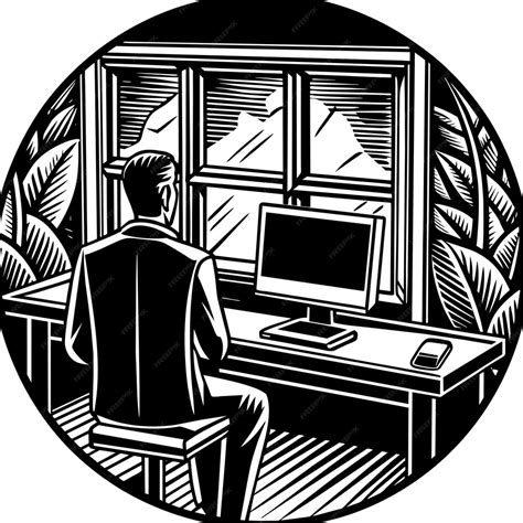 Premium Vector A Man Sits At A Desk In Front Of A Computer Monitor