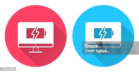 배터리 충전 기호가 있는 데스크탑 컴퓨터입니다 빨간색 또는 파란색 배경에 긴 그림자가 있는 둥근 아이콘 가득 찬에 대한 스톡 벡터 아트 및 기타 이미지 Istock