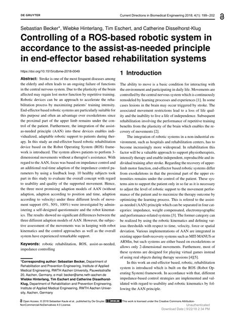 Pdf Controlling Of A Ros Based Robotic System In Accordance To The Assist As Needed Principle
