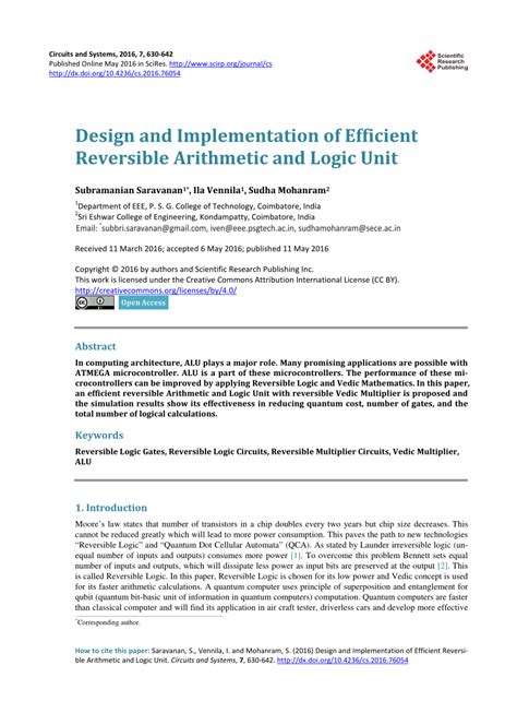Pdf Design And Implementation Of Efficient Reversible Arithmetic And Logic Unit