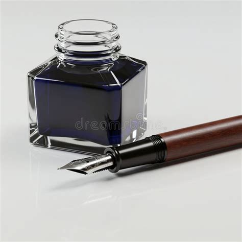 Hexagonal Glass Ink Bottle Filled With Dark Blue Ink Beside A Fountain