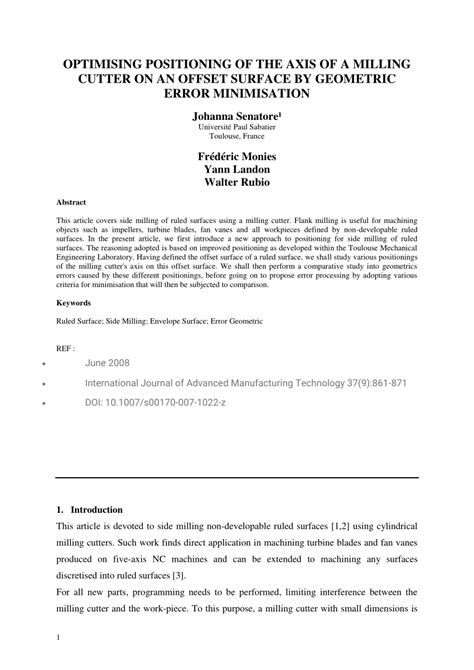 PDF Optimising Positioning Of The Axis Of A Milling Cutter On An Offset Surface By Geometric