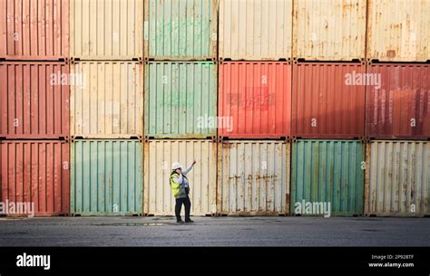 Logistics Shipping Yard And Cargo Containers Manager Woman Talking On Phone For Communication