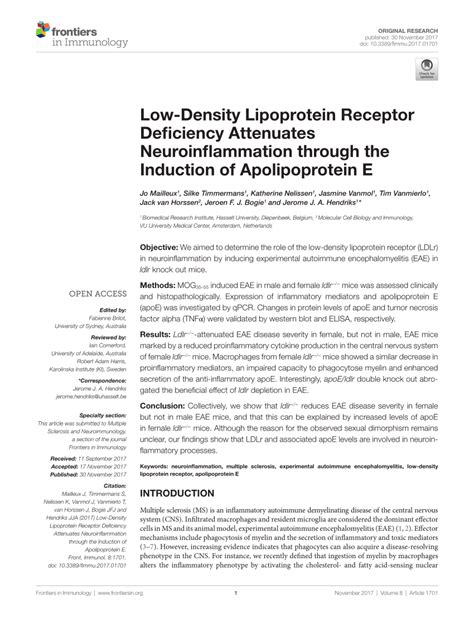 Pdf Low Density Lipoprotein Receptor Deficiency Attenuates Neuroinflammation Through The