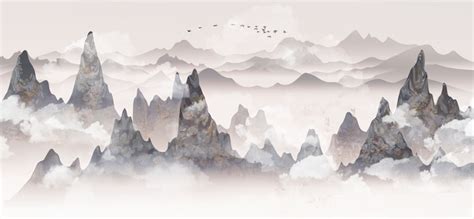 山峰云雾艺术风景画PSD素材 爱图网