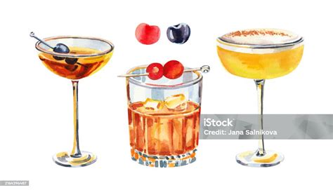 흰색 배경에 수채화 손으로 그린 여름 아페리티프 칵테일 유리 간단한 스케치 그림 세트 칵테일에 대한 스톡 벡터 아트 및 기타 이미지 칵테일 수채화 고풍스런 Istock