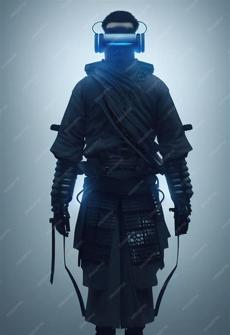 사이버 소송에서 공상 과학 사이버 펑크 전사의 현실적인 초상화 하이테크 미래 지향적인 남자 프리미엄 사진