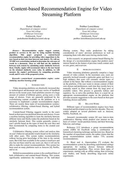 Content Based Recommendation Engine For Video Streaming Platform Deepai